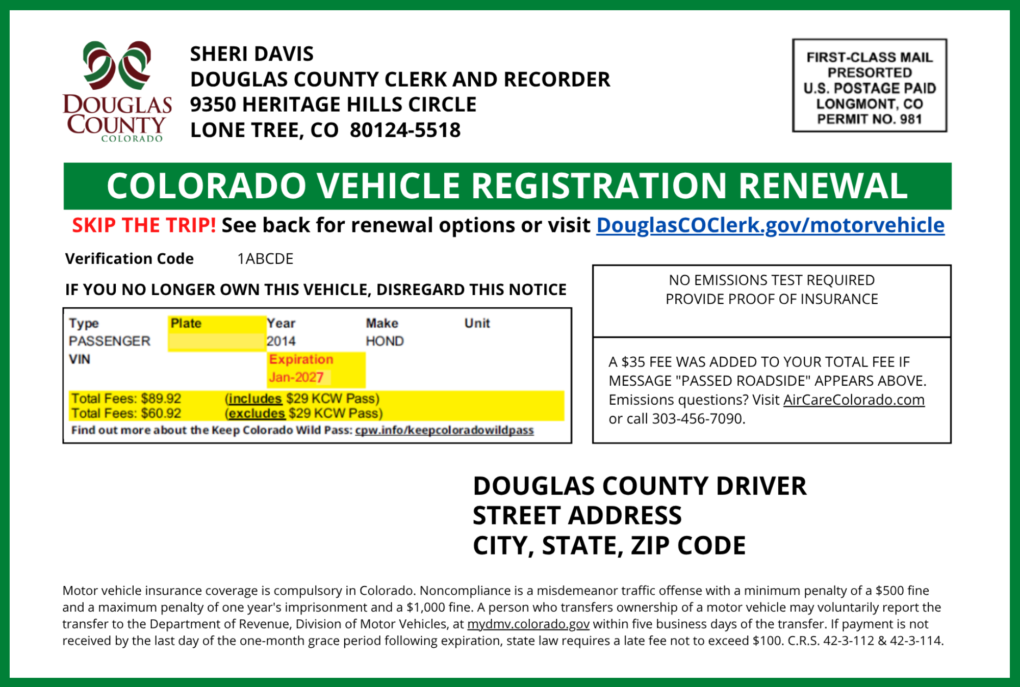 Renew Vehicle Registration (License Plates) - Douglas County
